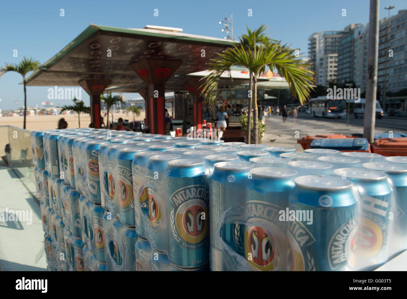 Beer cans sit at a beach bar at Copacabana beach in Rio de Janiero on ...
