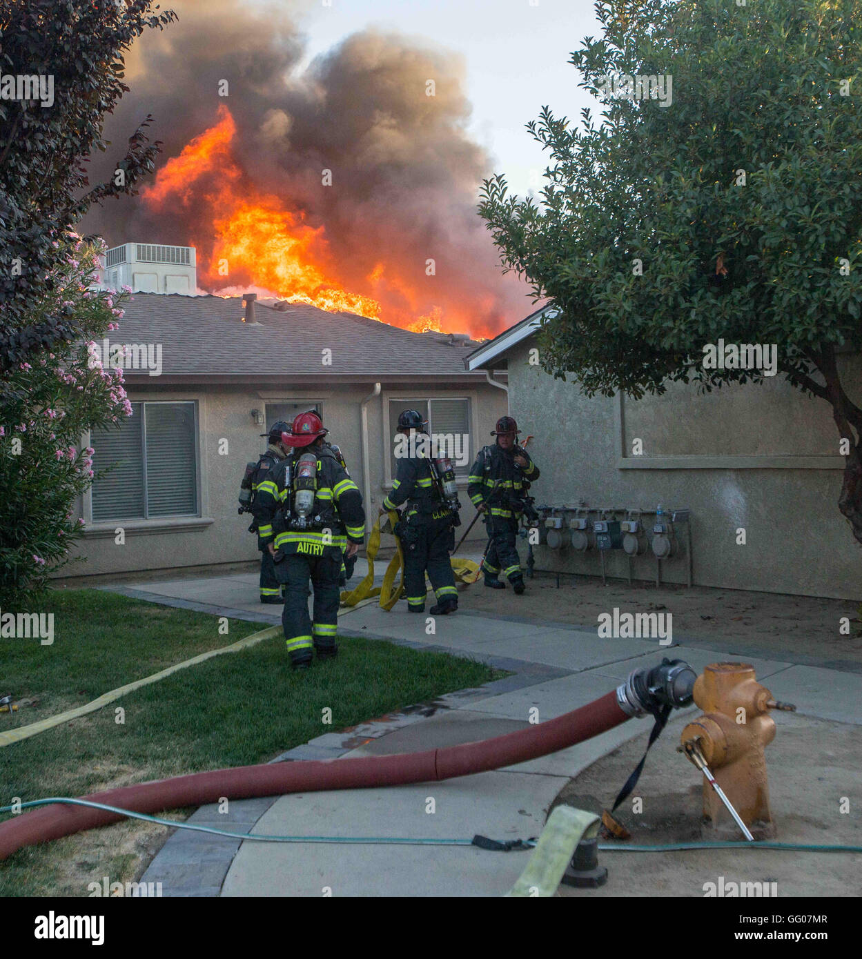 Ceres, CA, USA. 2nd Aug, 2016. Firefighters set up a water line to ...