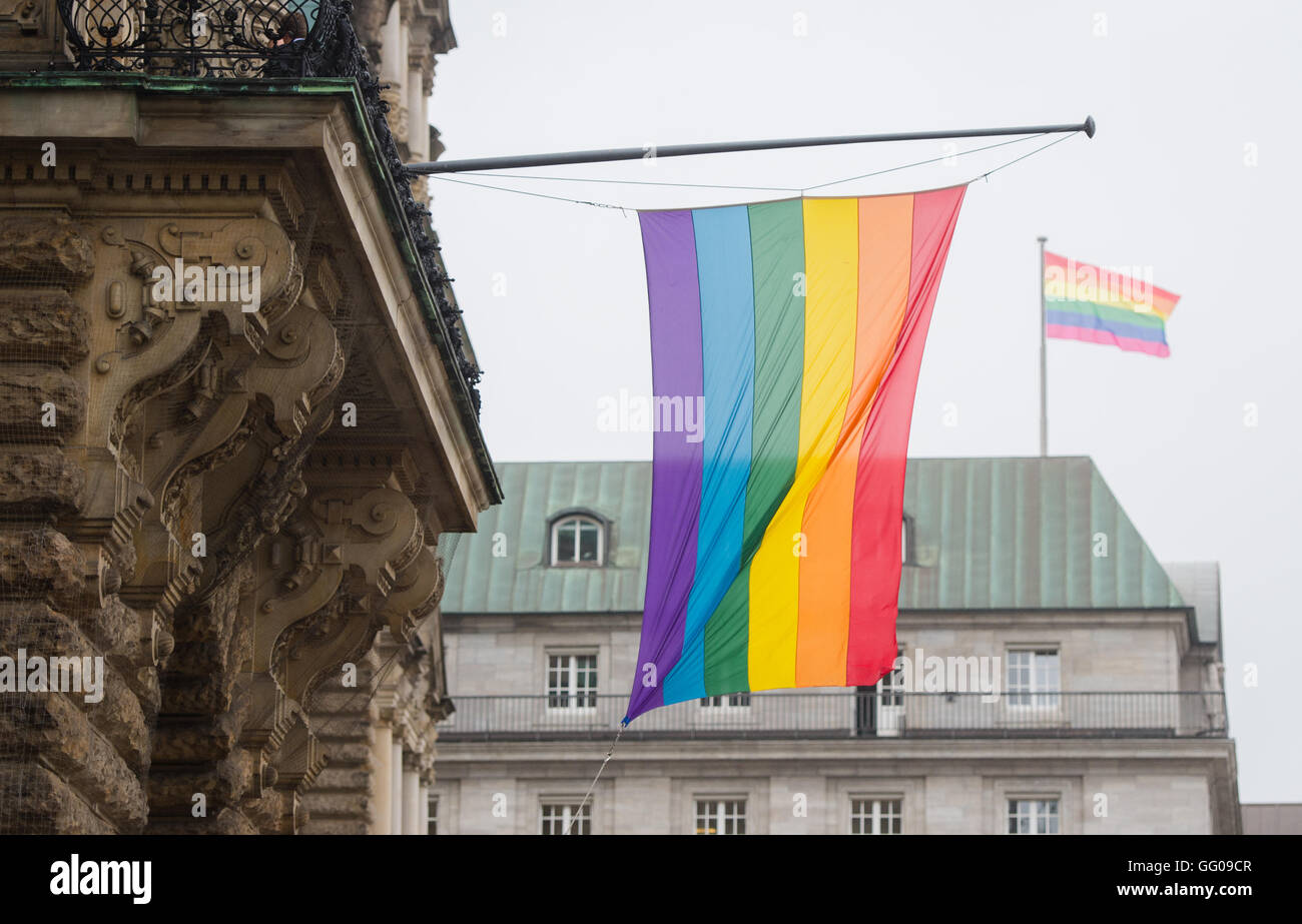 Hamburg, Germany. 03rd Aug, 2016. A rainbow flag is hoisted at City ... Hamburg, Germany. 03rd Aug, 2016. A rainbow flag is hoisted at City ...