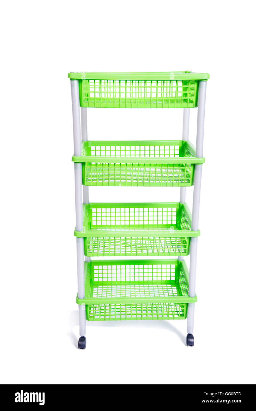 Green bin rack shelf with wheels isolated on white Stock Photo - Alamy