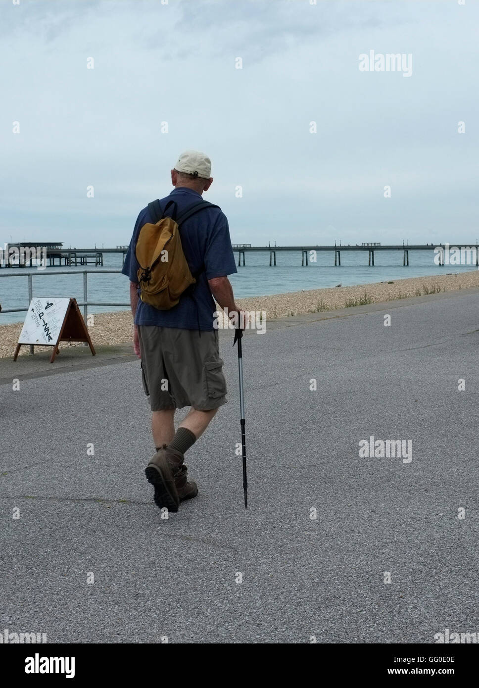 male senior citizen rambler walking in the kent coastal town of deal uk ...