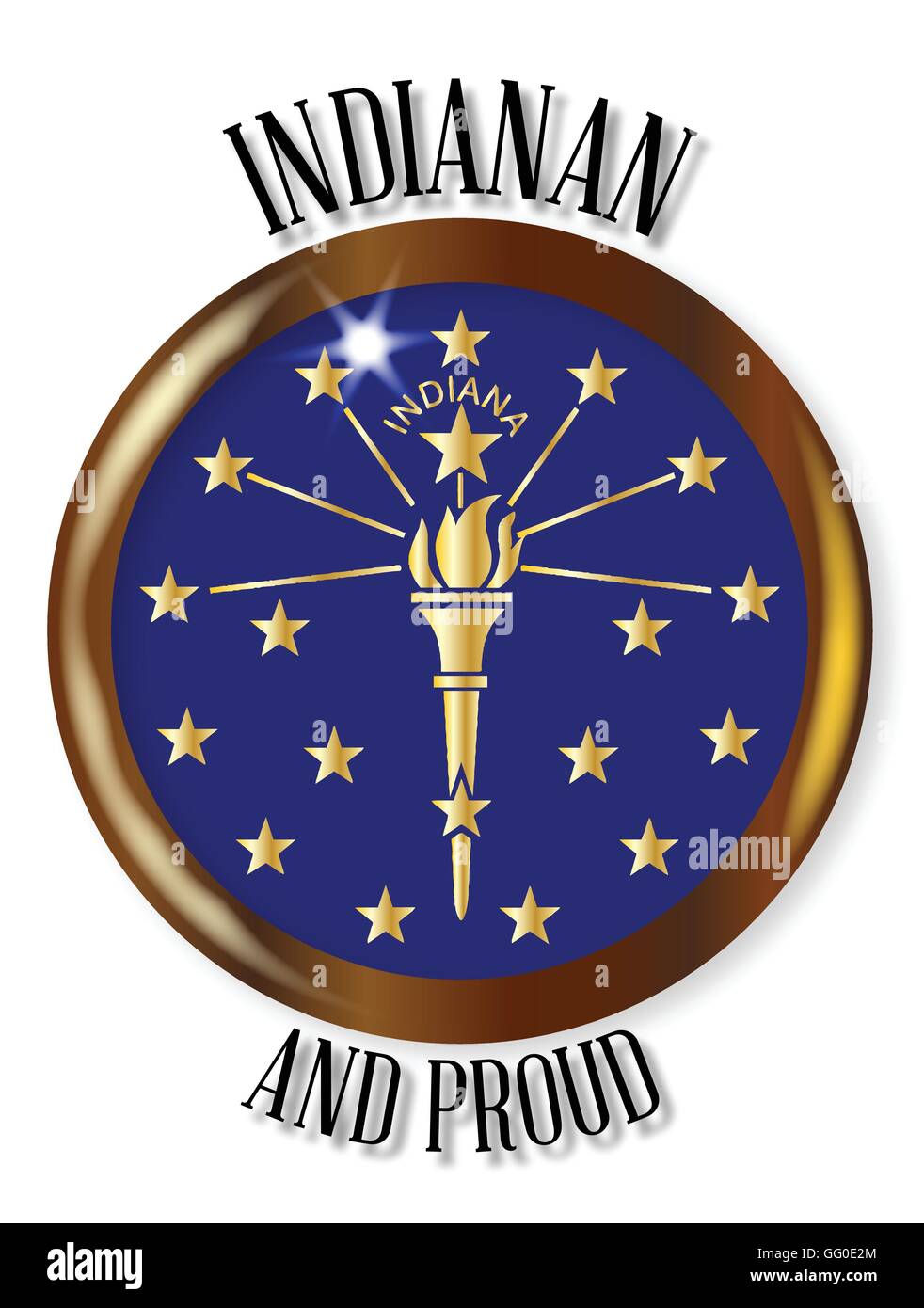 Indiana state flag button with a gold metal circular border over a ...