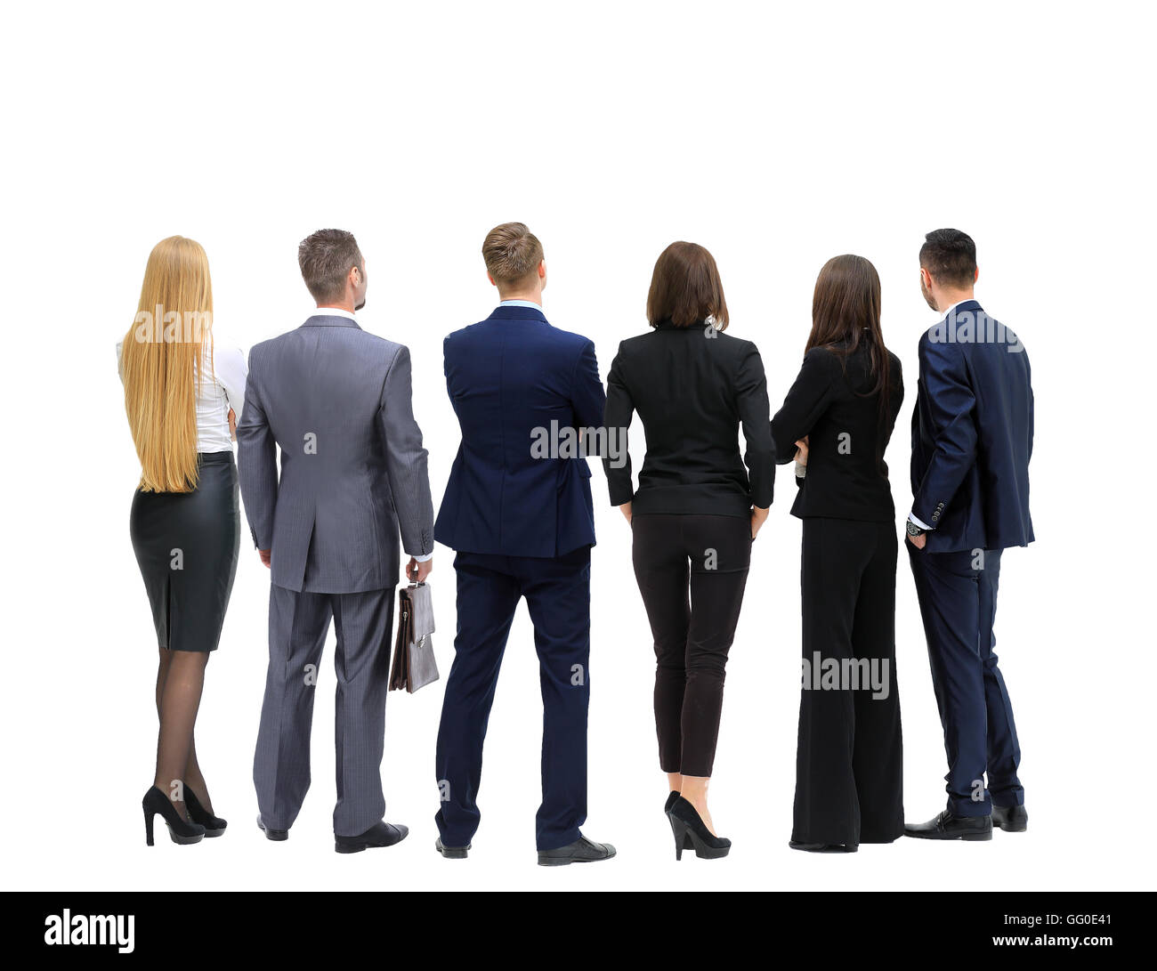 Successful business team looking upwards standing back side Stock Photo ...