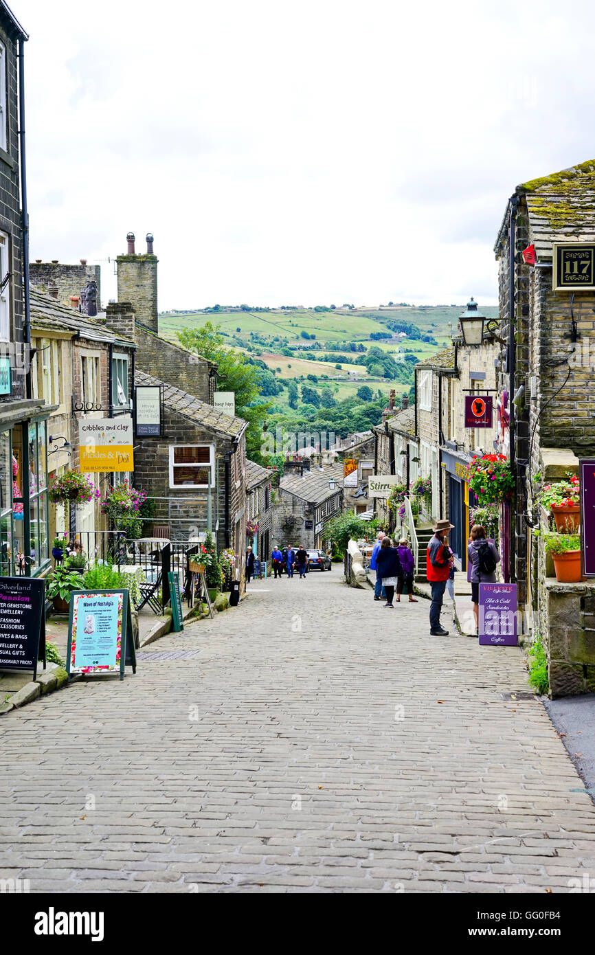 Looking down the main road at Haworth, West Yorkshire, England, UK ...