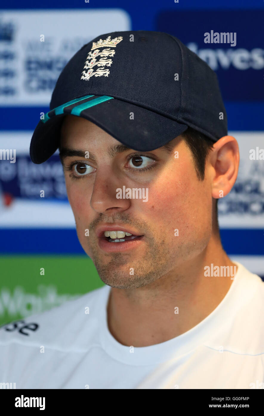 England captain Alastair Cook speaks during a press conference at ...