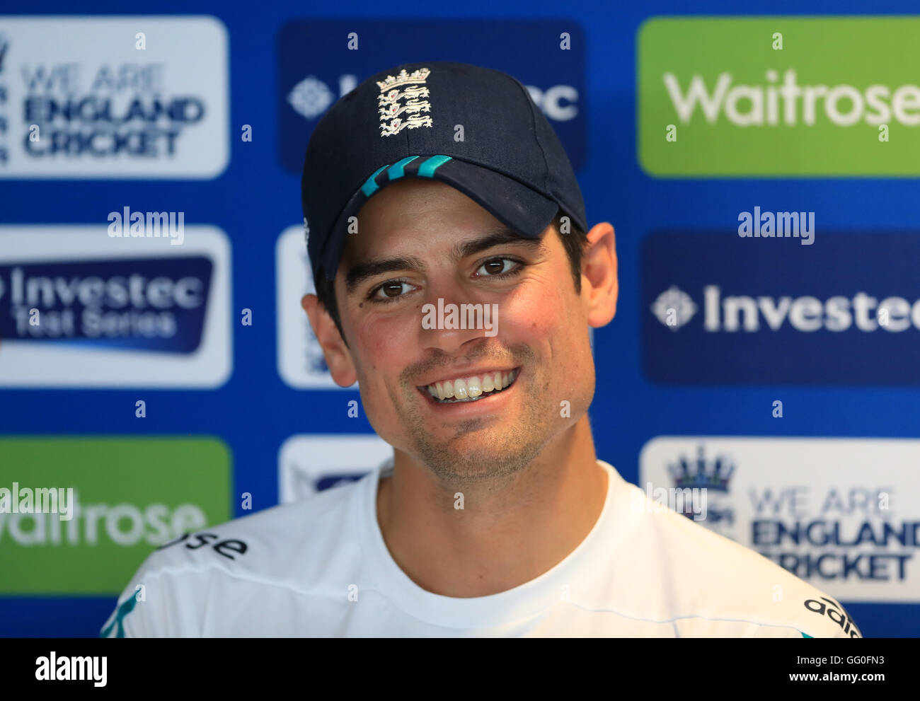 England captain Alastair Cook speaks during a press conference at ...