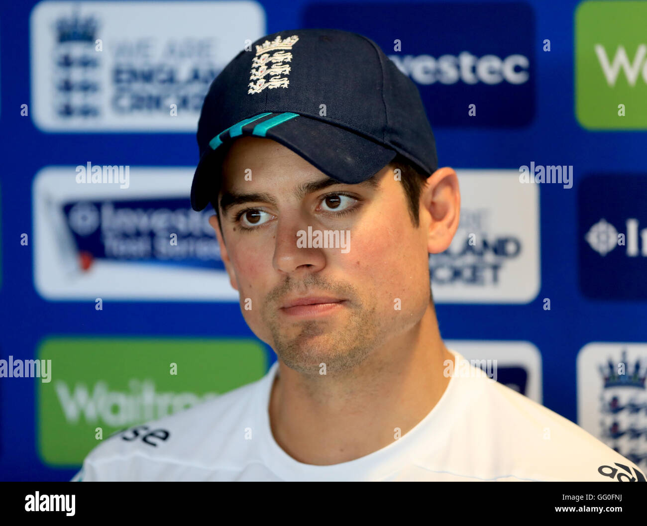 England captain Alastair Cook speaks during a press conference at ...