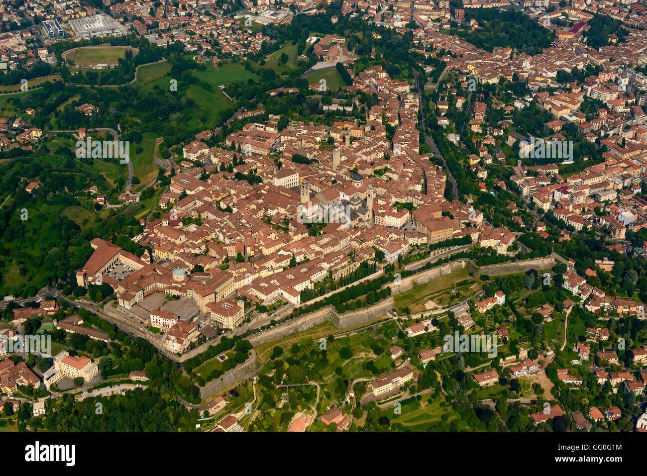aerial of Bergamo high town city-wall , Italy Stock Photo - Alamy