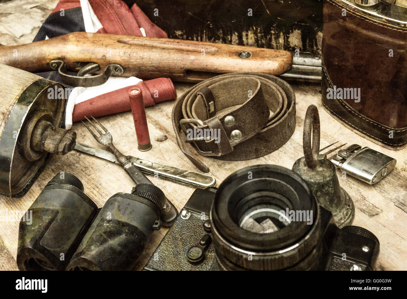 Still life with retro object. Bell, rifle, shot, binoculars, USA flag ...