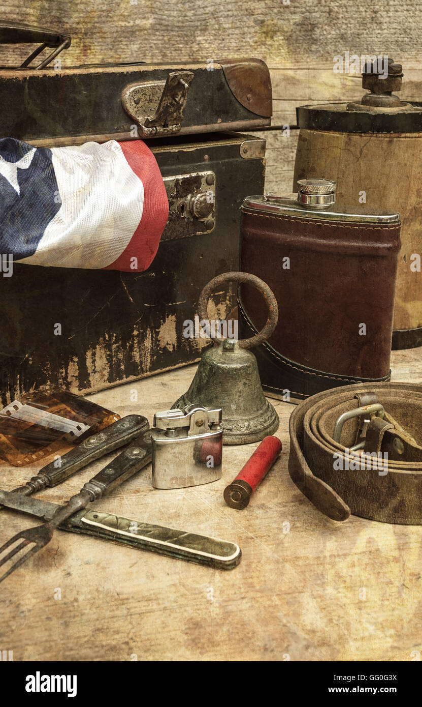 Still life with retro object. Bell, rifle, shot, binoculars, USA flag ...
