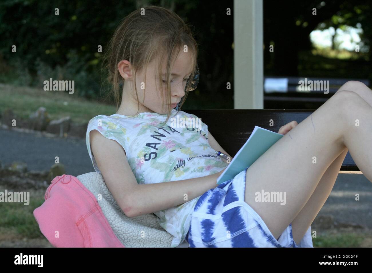 Young girl writing outside in a book Stock Photo - Alamy