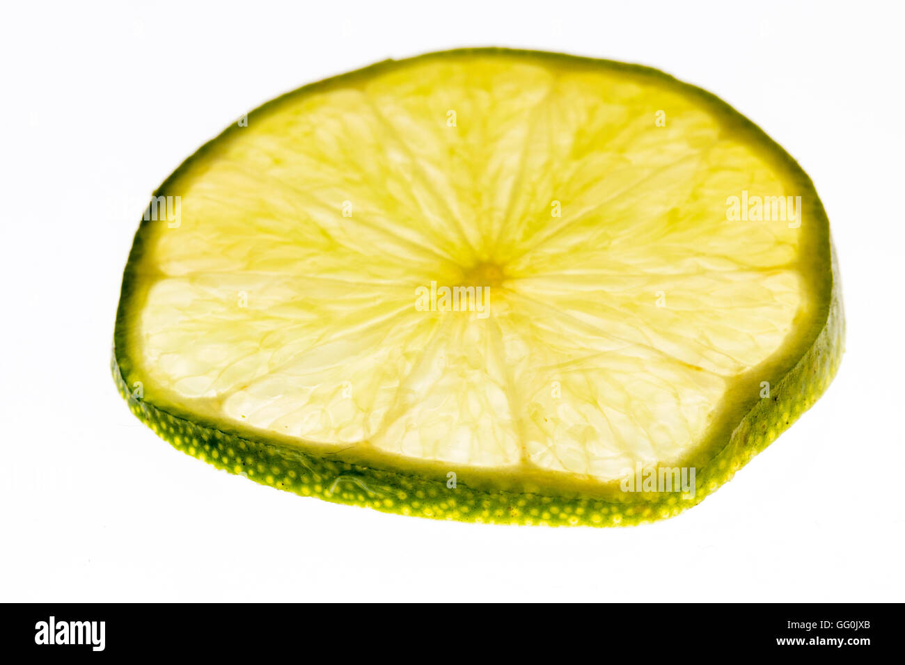 Lime fruit. Single slice of lime fruit on plain white background. Back ...