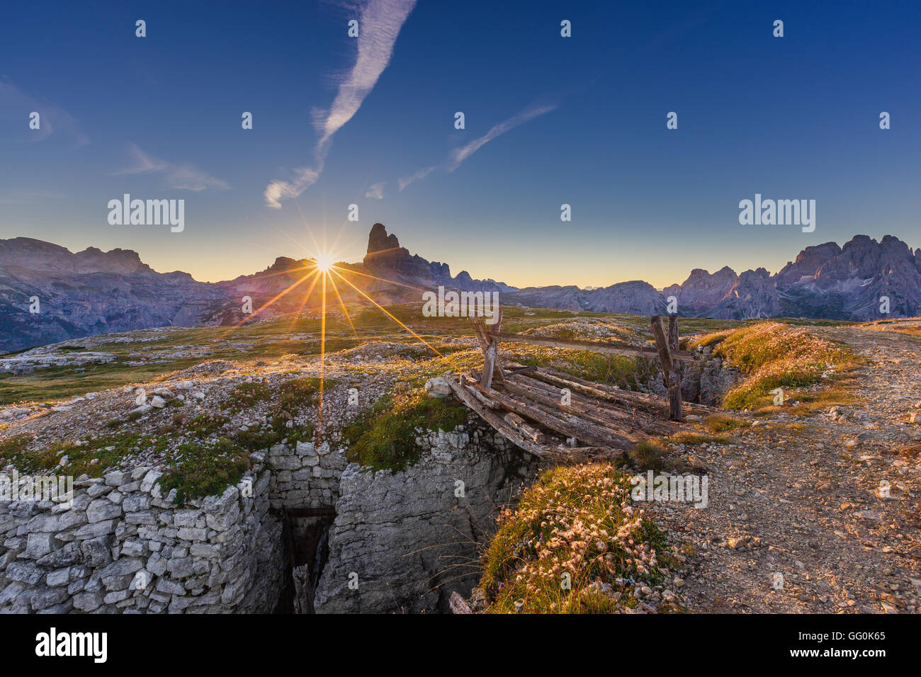 Sunrise on trenches of the First World War on Monte Piana mountain. The ...