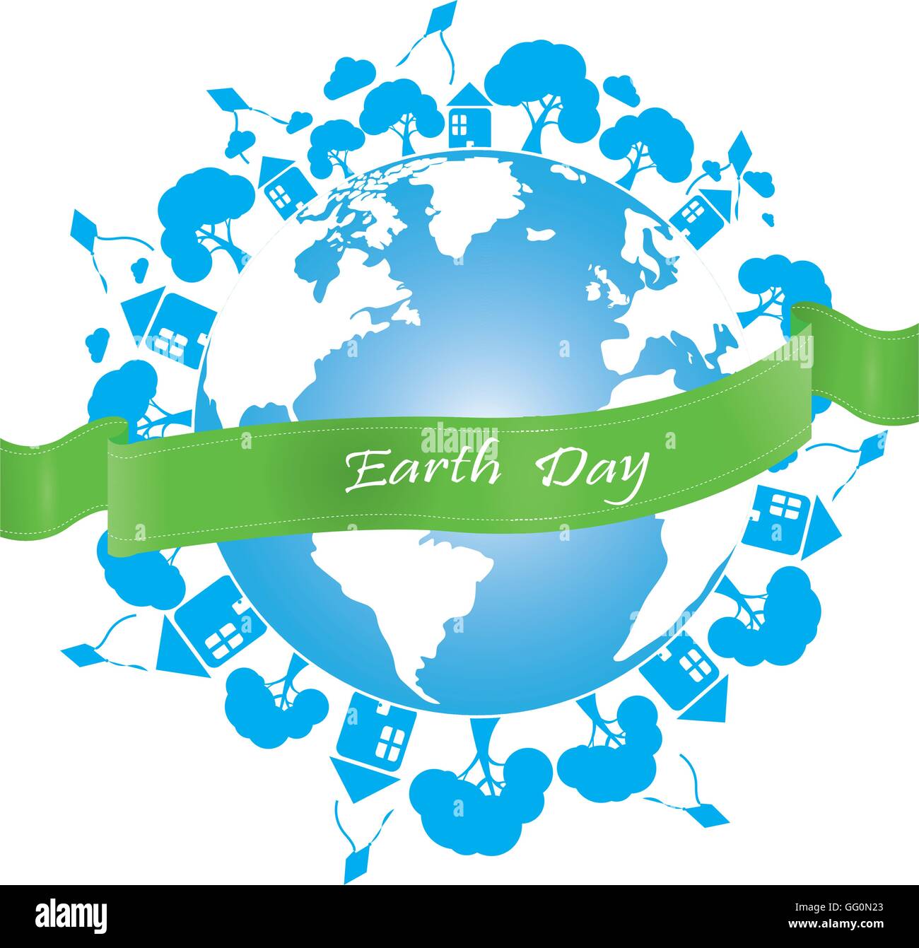 Isolated planet earth with a ribbon with text and icons for earth day ...
