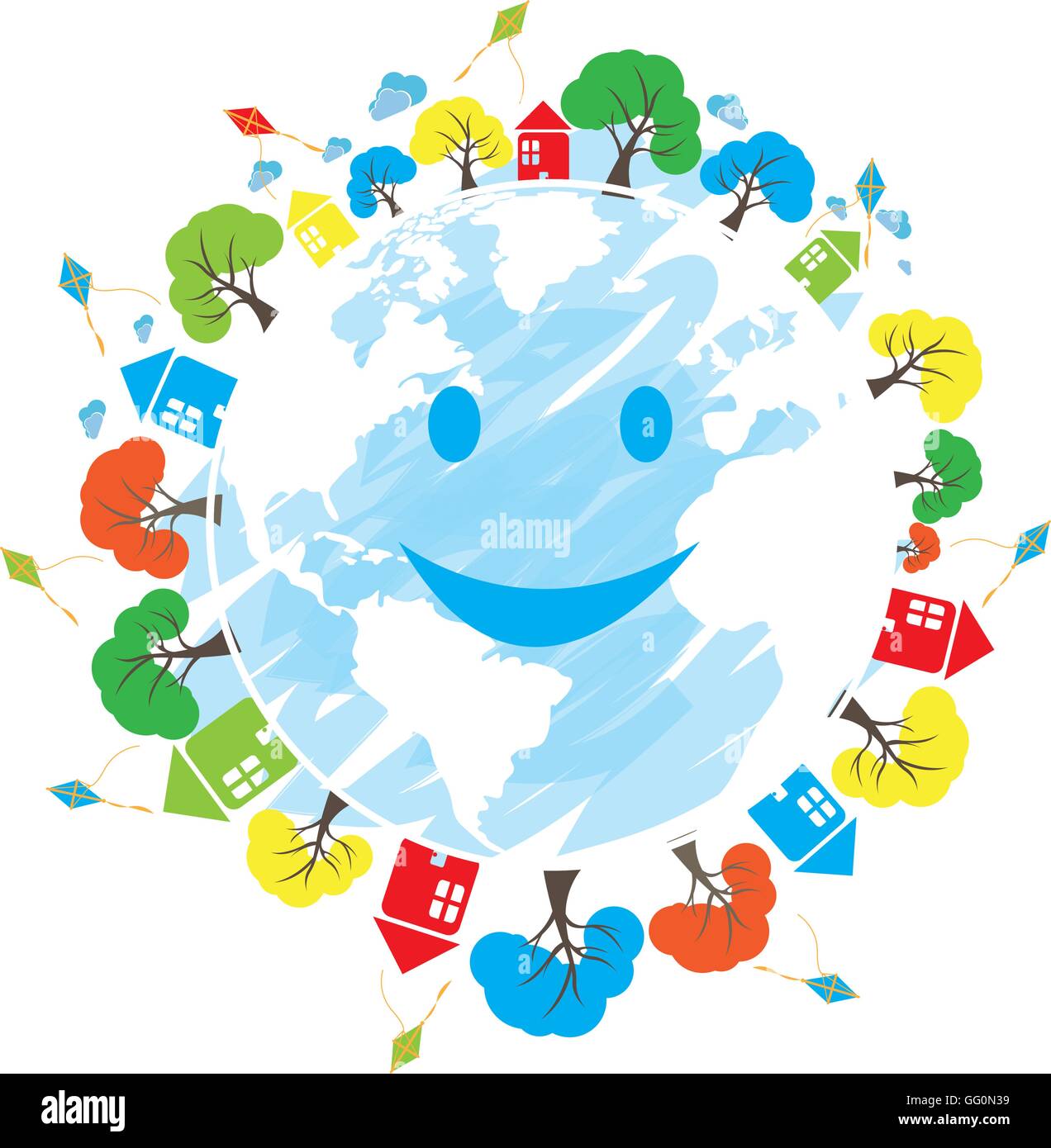 Isolated happy planet earth with different icons on a white background ...