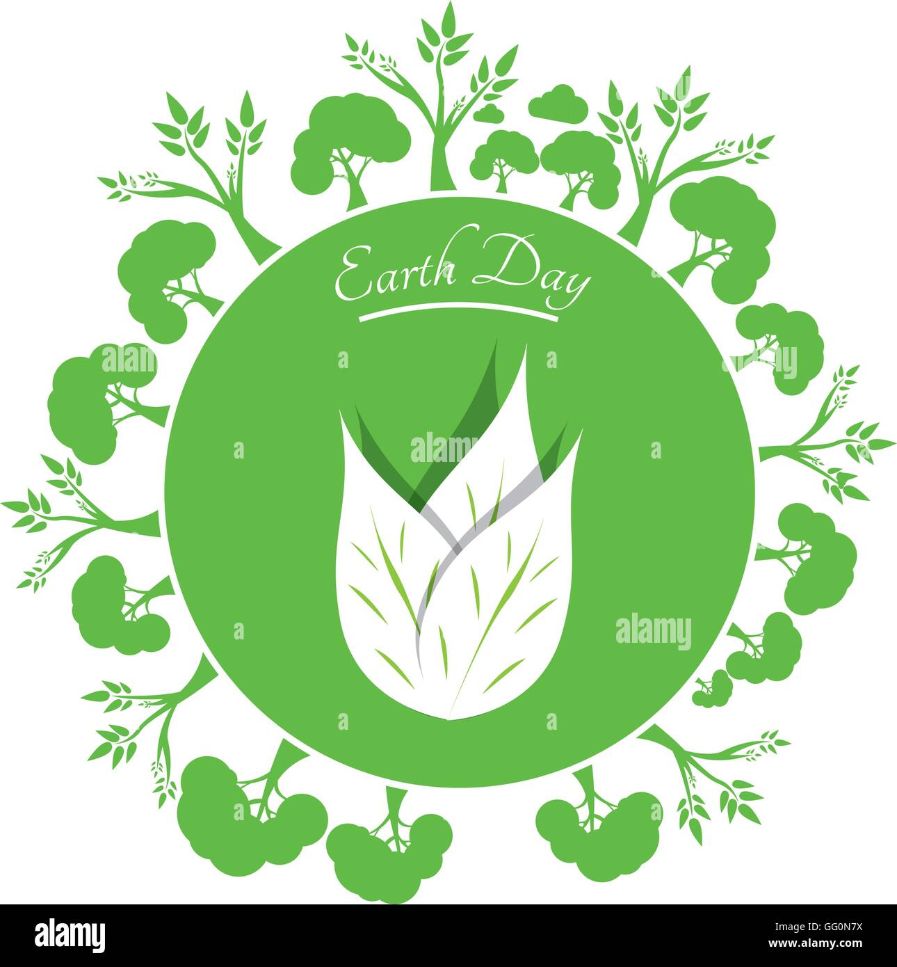 Isolated planet earth with text, leaves and trees on a white background ...