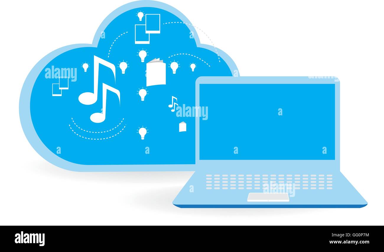Isolated cloud with a computer and some media icons on a white ...