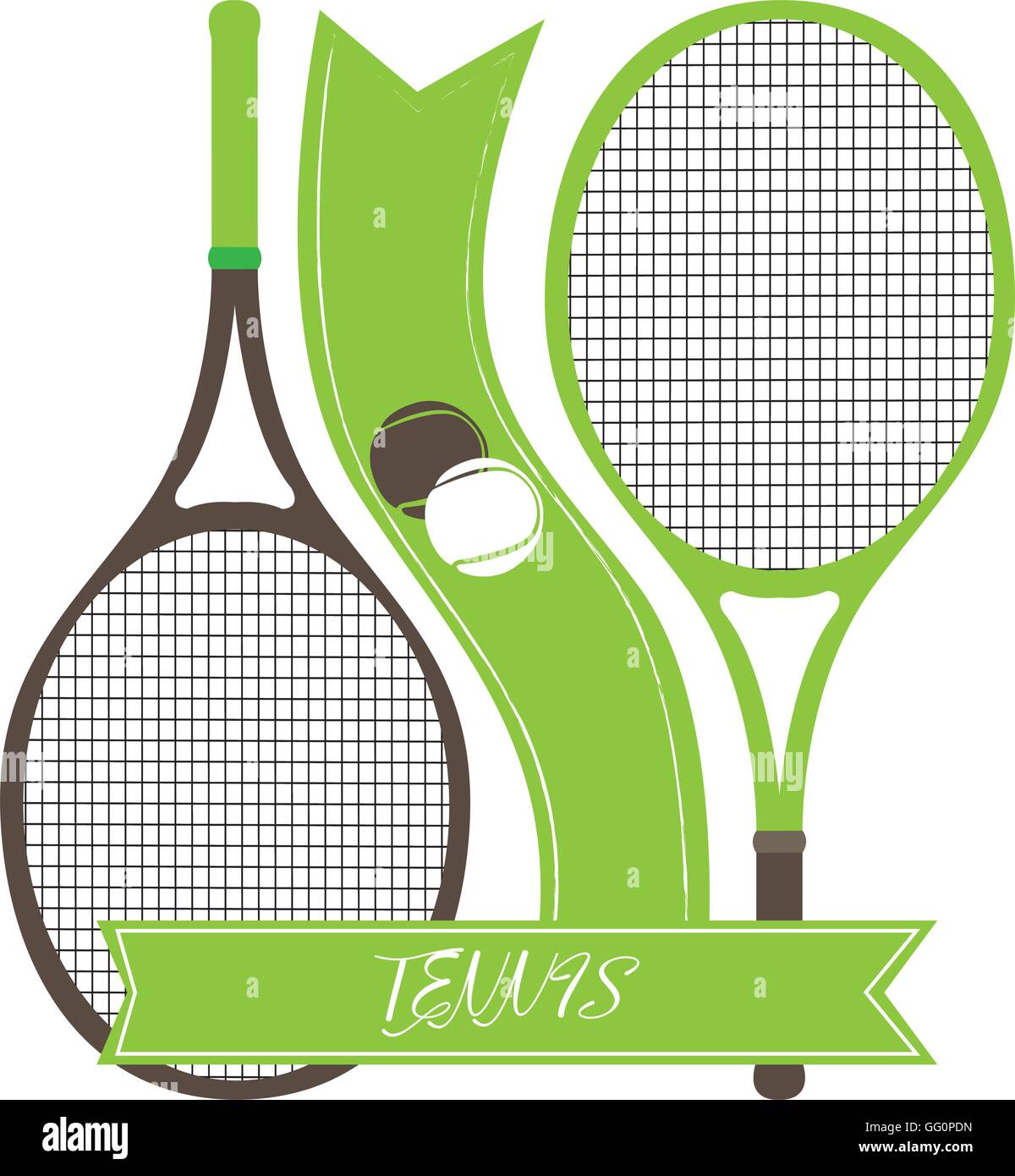 Pair of tennis racket, a ribbon with text and tennis balls on a white ...