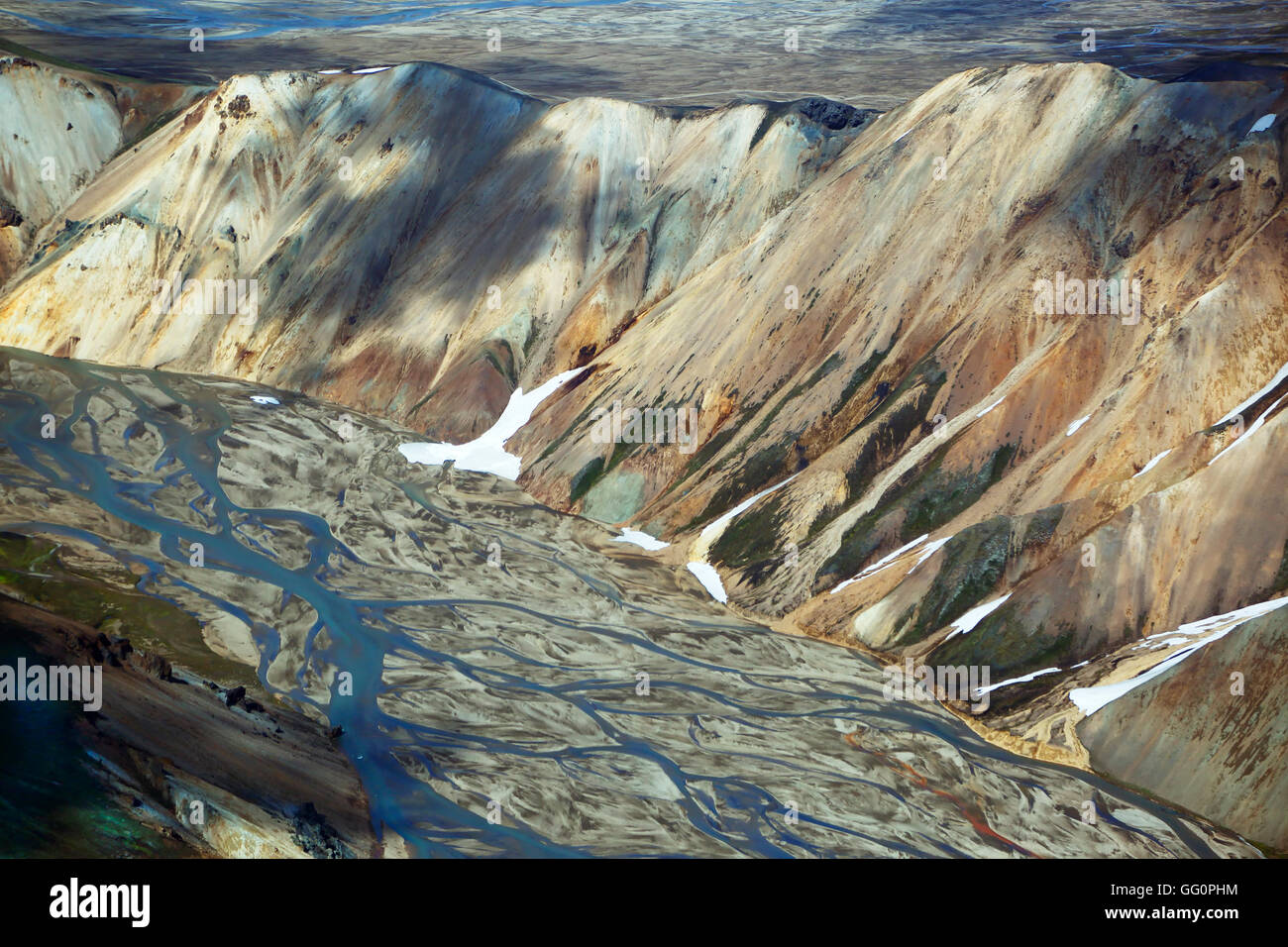 Aerial view of rhyolite mountains and braided river, Landmannalaugar ...