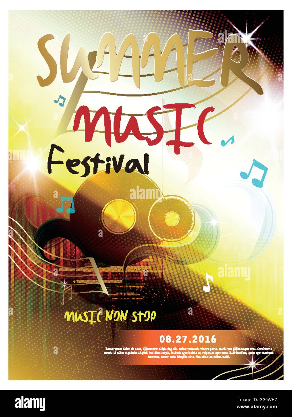 Summer music festival poster with vinyl record and music note elements ...