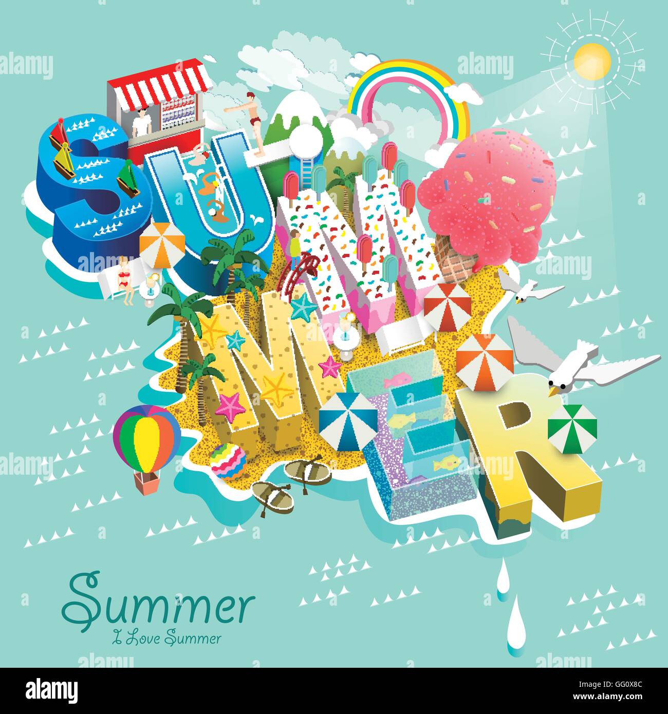 flat 3d isometric design - summer is around the corner Stock Vector ...