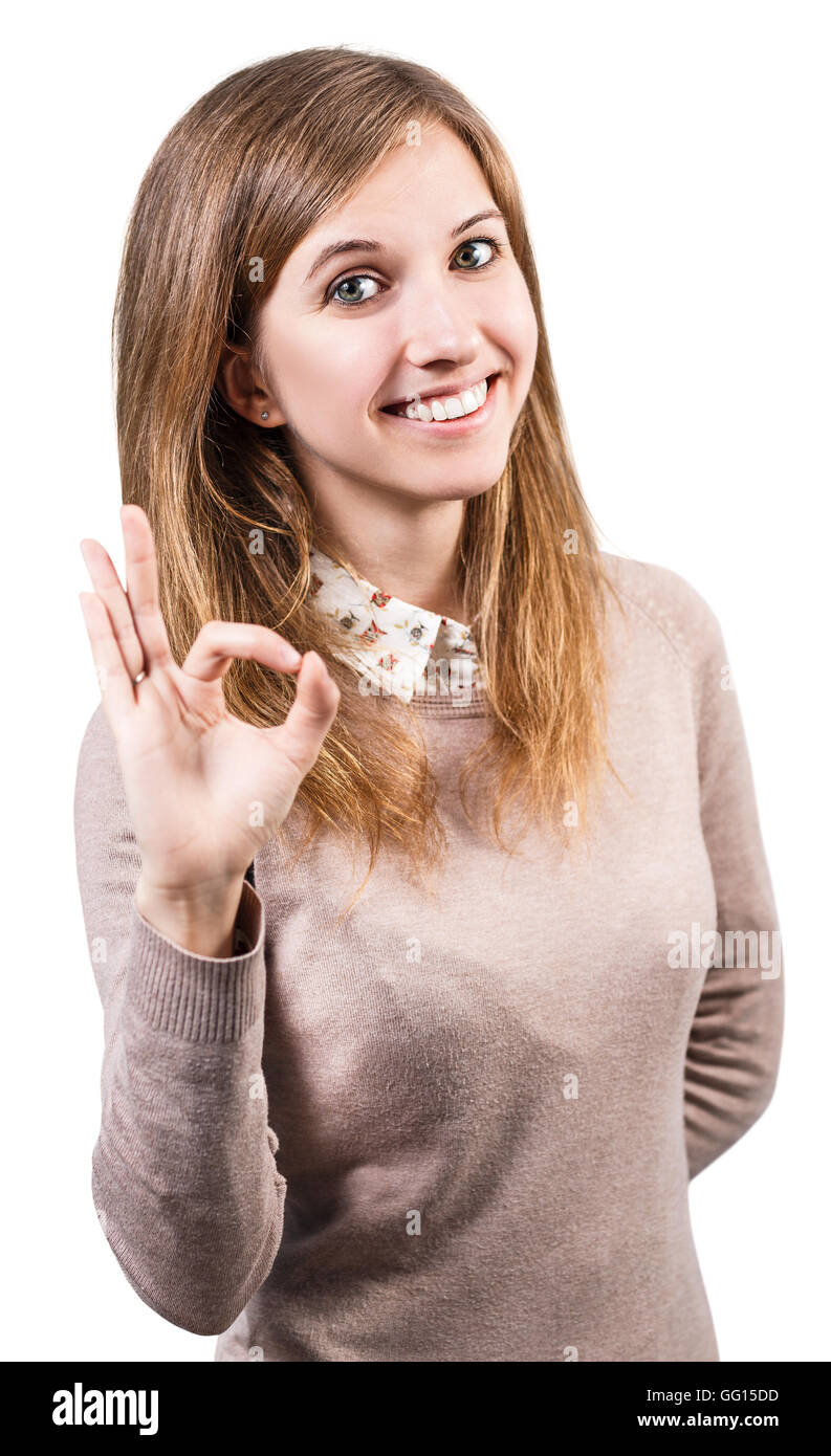 Young beautiful woman shows OK sign Stock Photo - Alamy