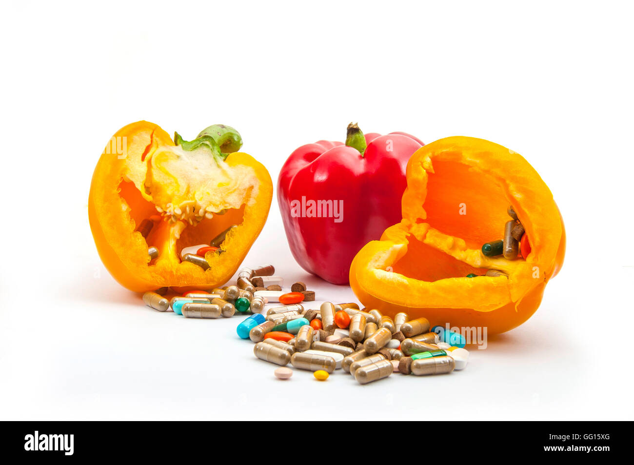 Sliced paprika paper with medical drugs as symbol of healthy food Stock ...