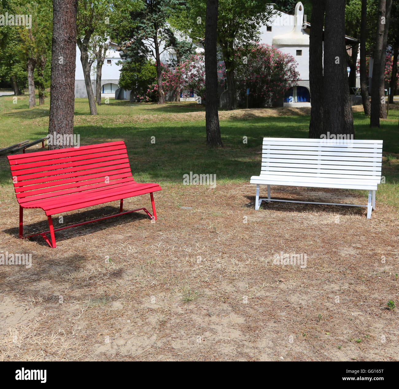 two red and white benches in the large Mediterranean garden Stock Photo ...