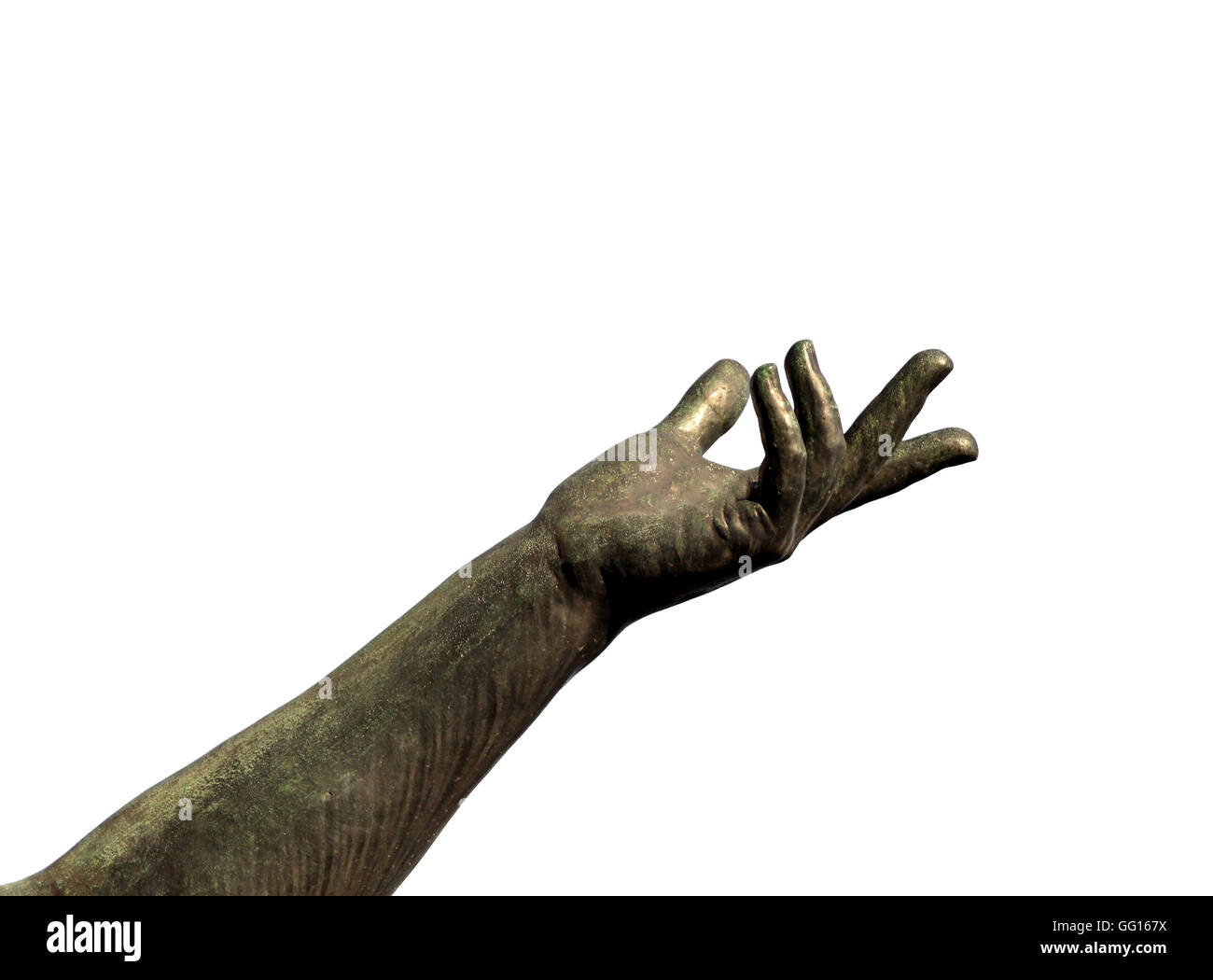 statue with arm and hand extended upward on a white background Stock ...