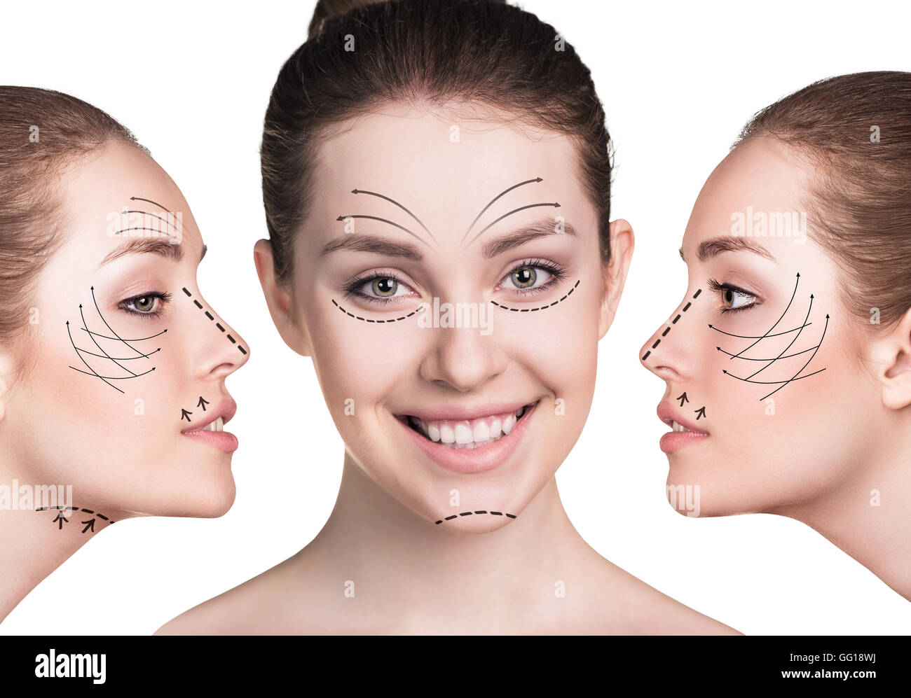 Beautiful faces of young woman with lifting arrows isolated on white ...