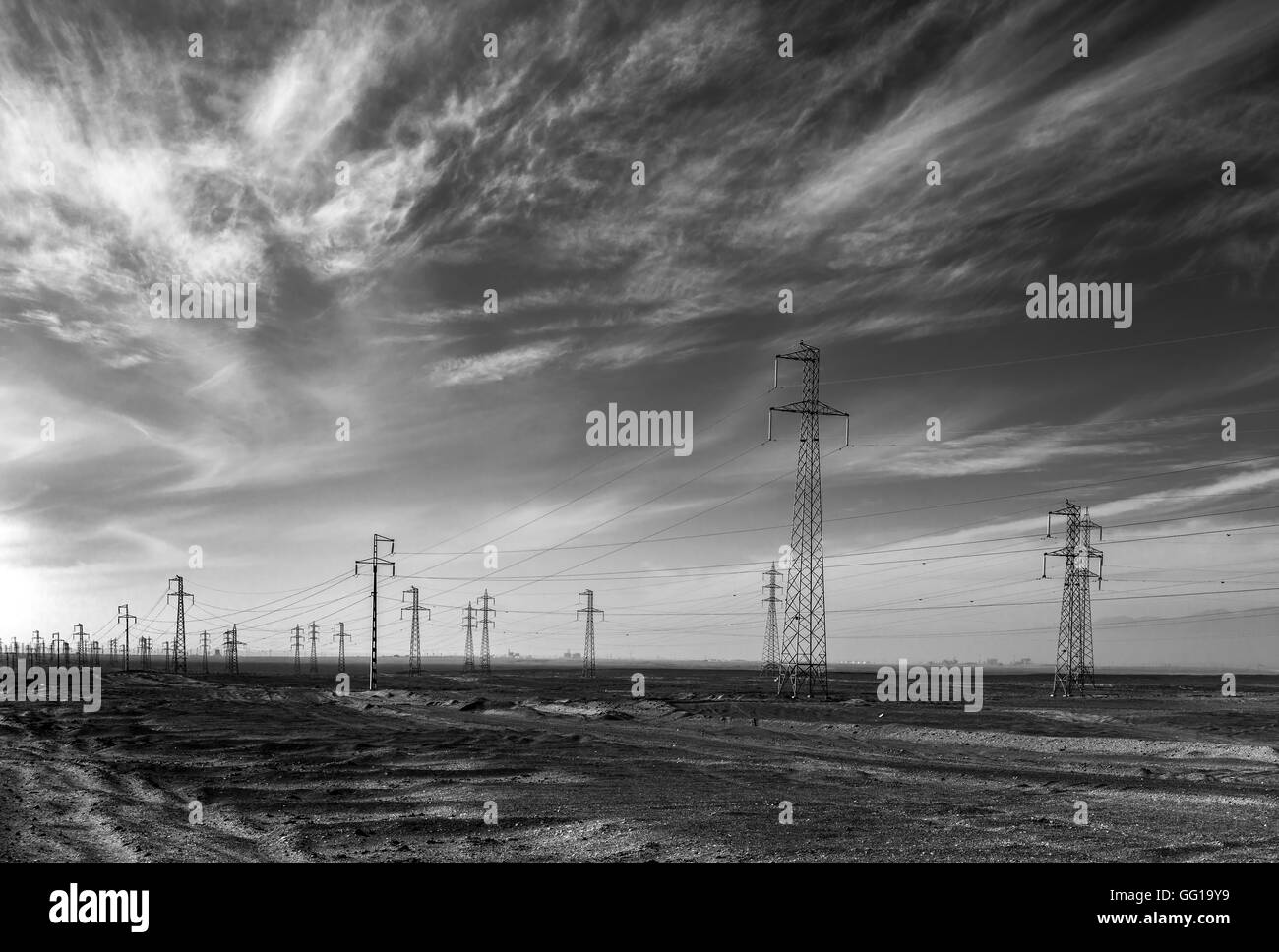 Electric pylons pylon transmission Black and White Stock Photos ...