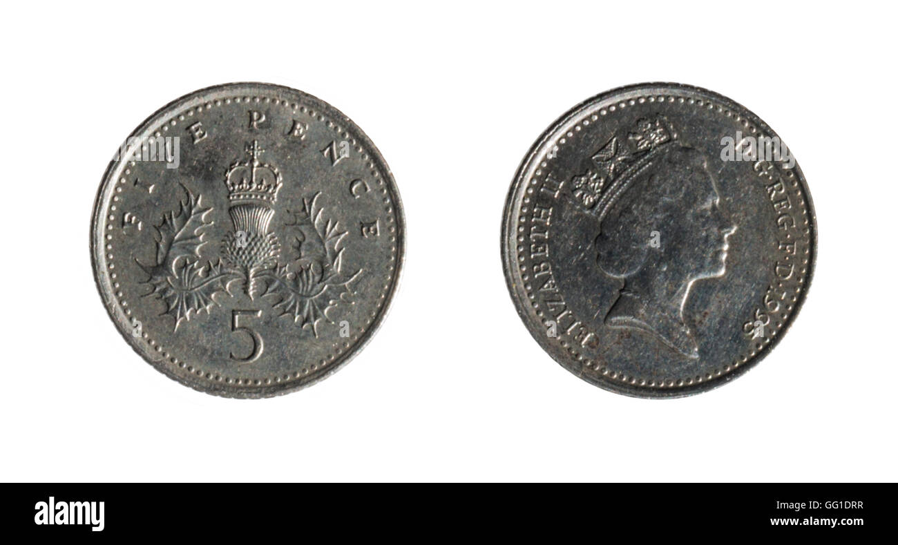 face and back of a coin of five pence coin on white background Stock ...