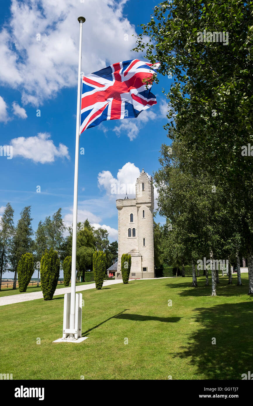 The Union Flag flies, at half mast, over the Ulster Memorial Tower is a ...