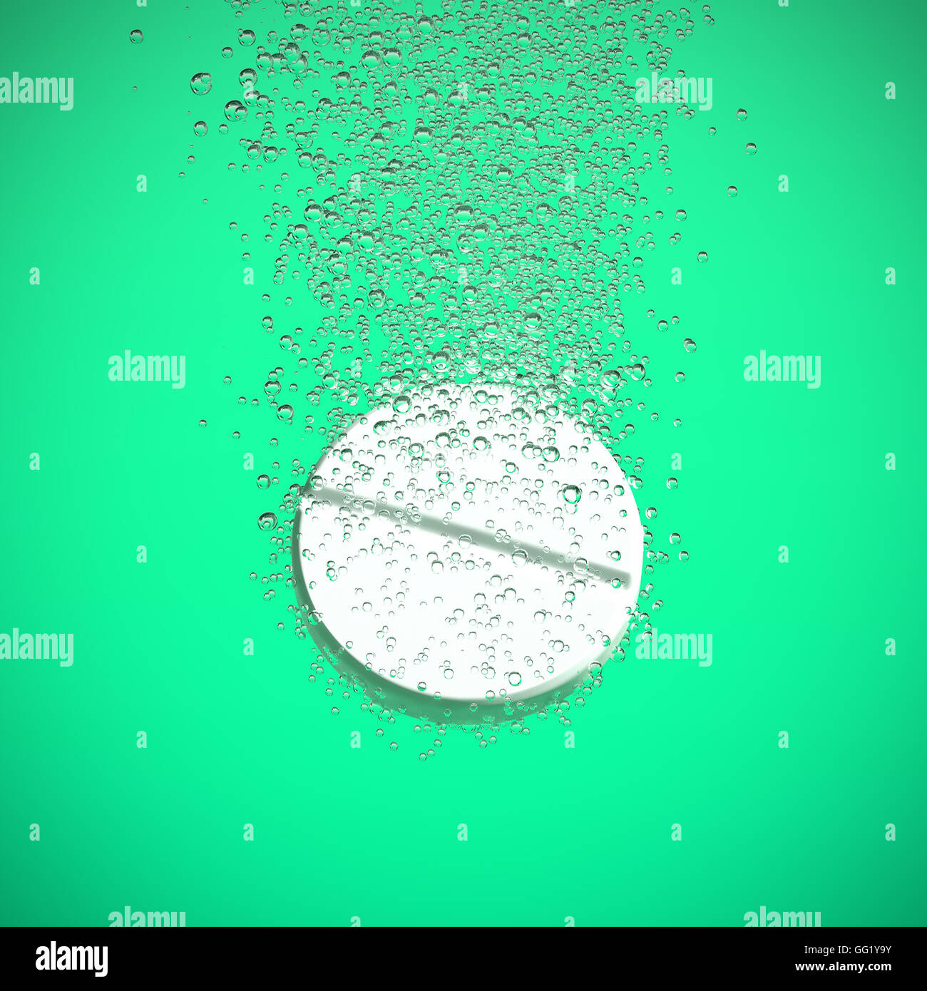 Effervescent medicine. Fizzy tablet dissolving. White round pill ...