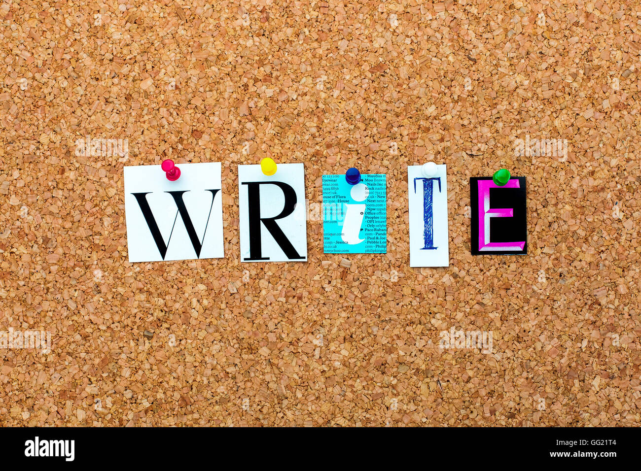 Top view creative studio photo of table with paper word WRITE Stock ...