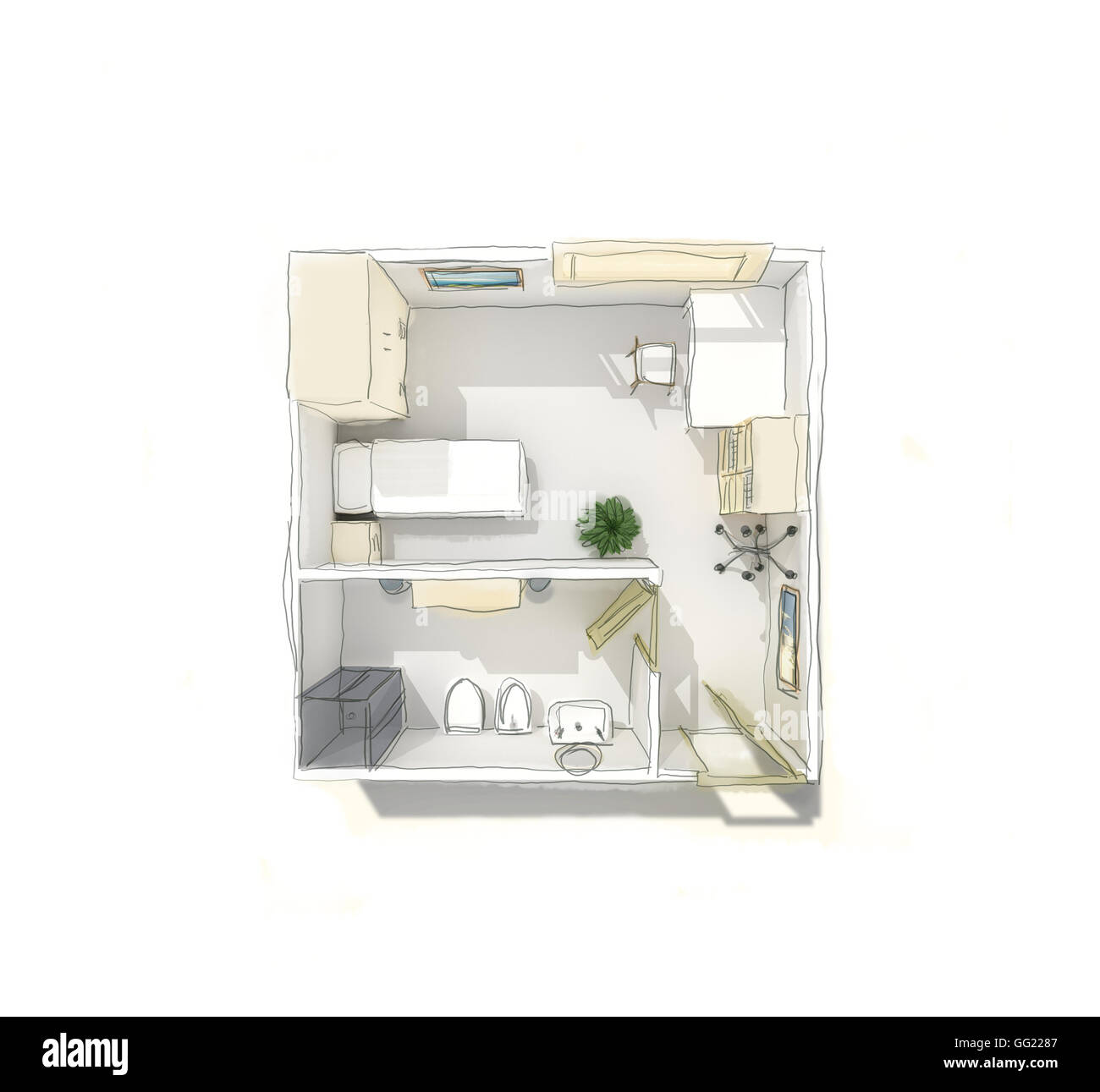 3D Freehand Sketch of interior roofless Hotel room with furnishings on ...