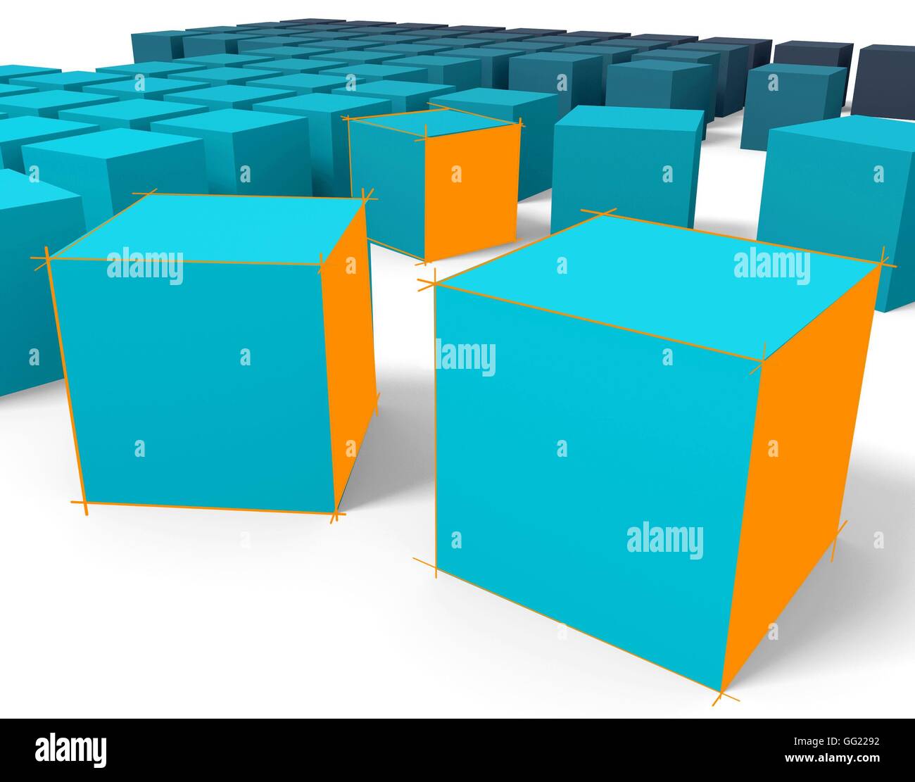 3d rendering of blue cubes with orange freehand sketched lines Stock ...