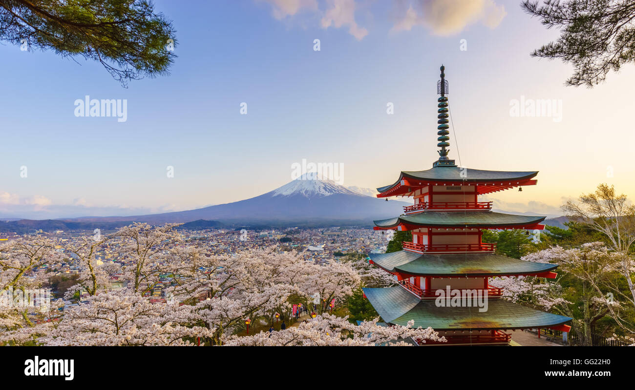 Mt. Fuji with Chureito Pagoda in Spring, Fujiyoshida, Japan Stock Photo ...