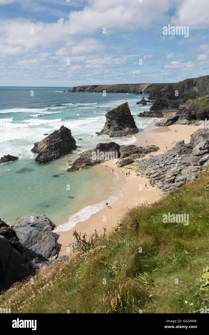 A view of Bedruthan Steps beach with rocky outcrops on the north ...