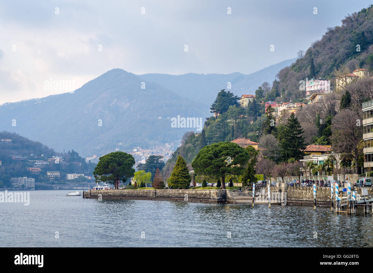 Panoramic view on quay of Como lake, Italy Stock Photo - Alamy