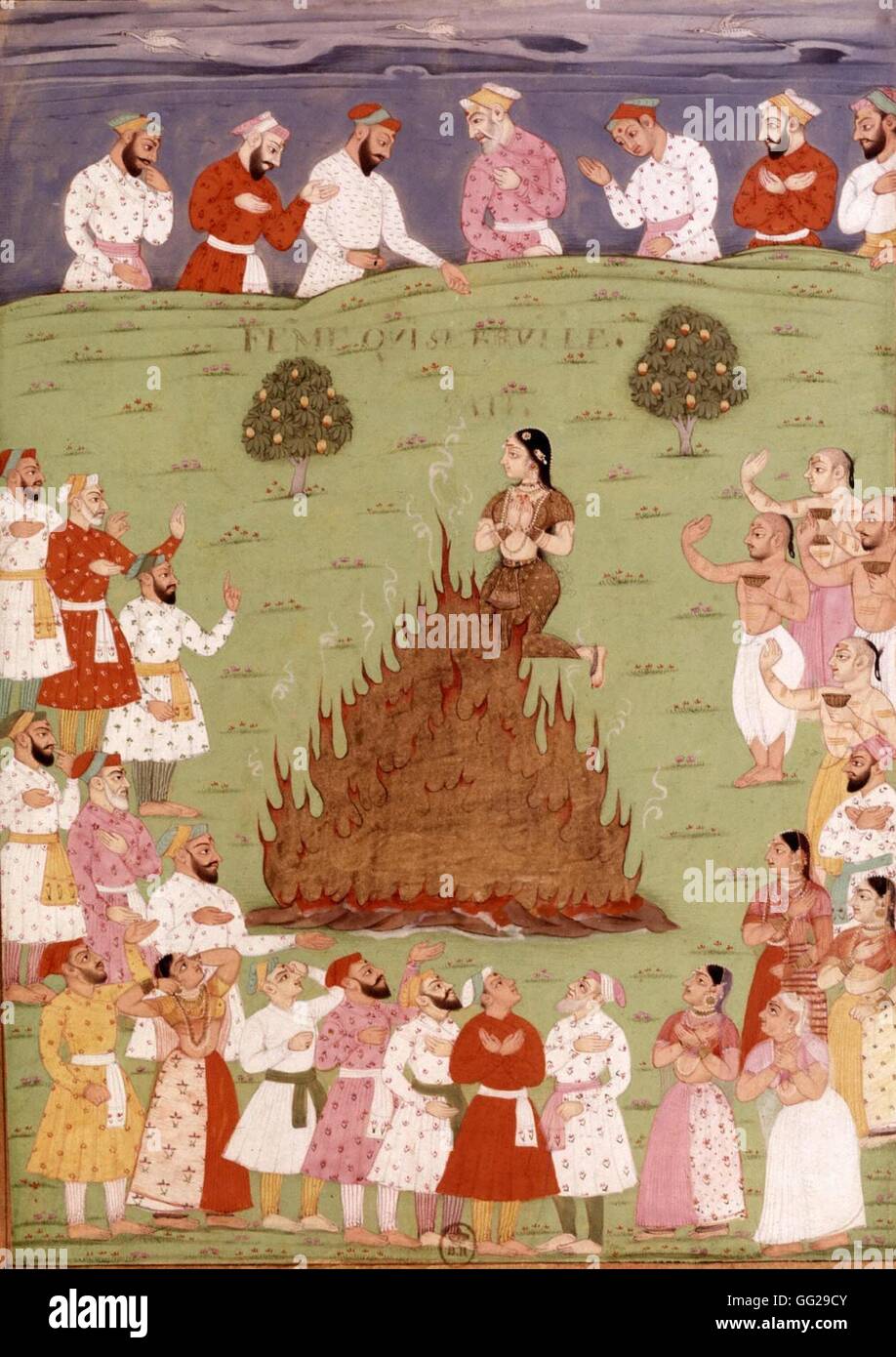 Indian miniature. Radja's widown being burned alive on the pyre. 16th ...