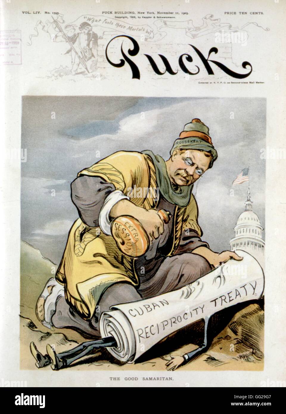 Satirical cartoon in 'Puck' about the reciprocity treaty with Cuba 1903 ...