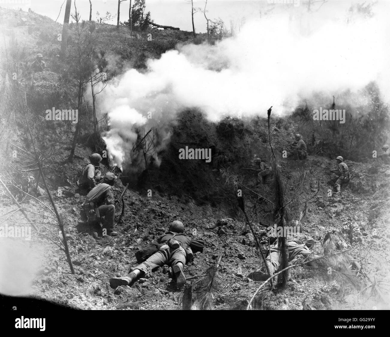 War in the Pacific. US soldier in front of the defense line of Naha, a ...