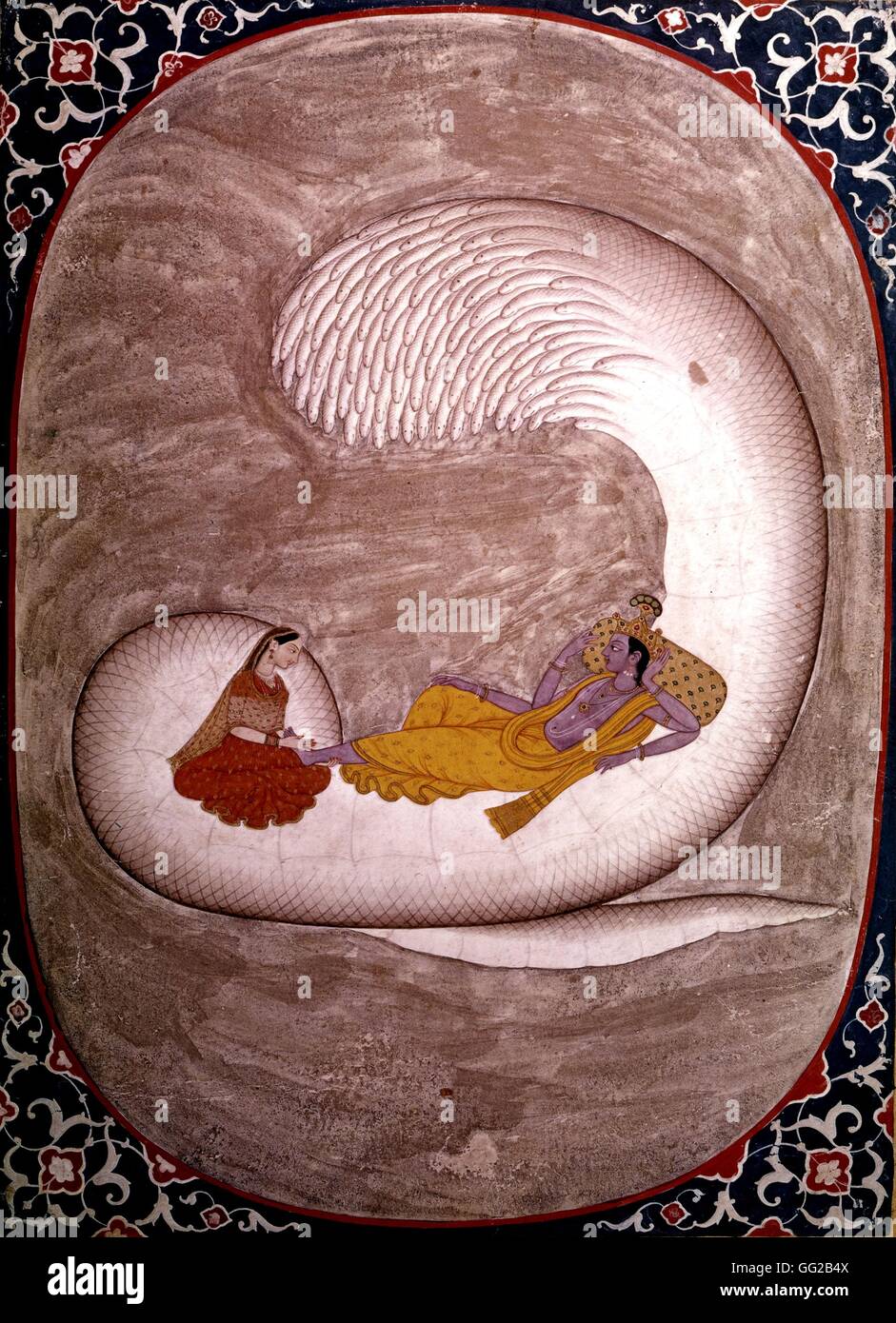 Indian miniature representing a couple: Vishnu and Lakohmi resting on ...