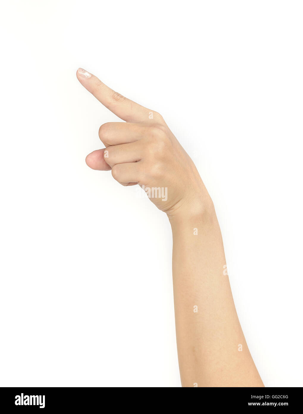 Asian woman hand pushing on a white background Stock Photo - Alamy