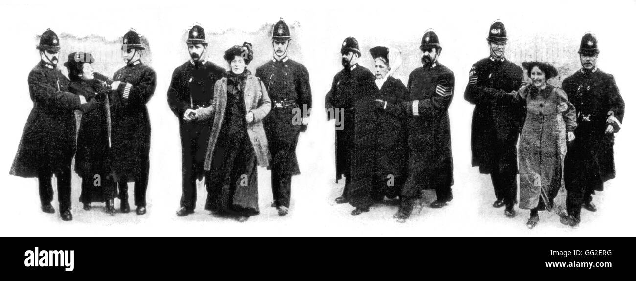 Demonstration of suffragettes in London, arrest of feminists 1907 Great ...