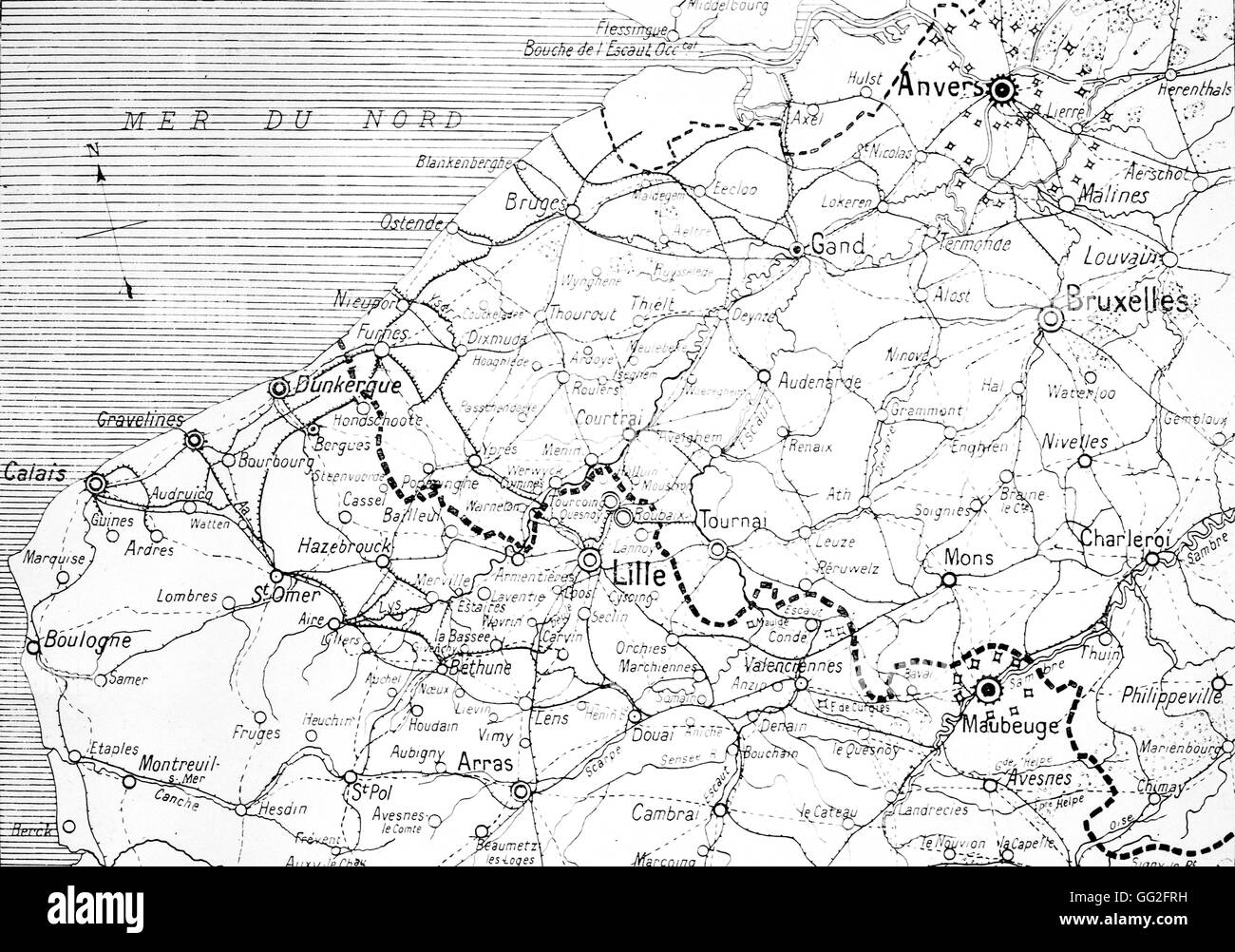 First World War. Map of the region of continuous struggle on the Franco ...