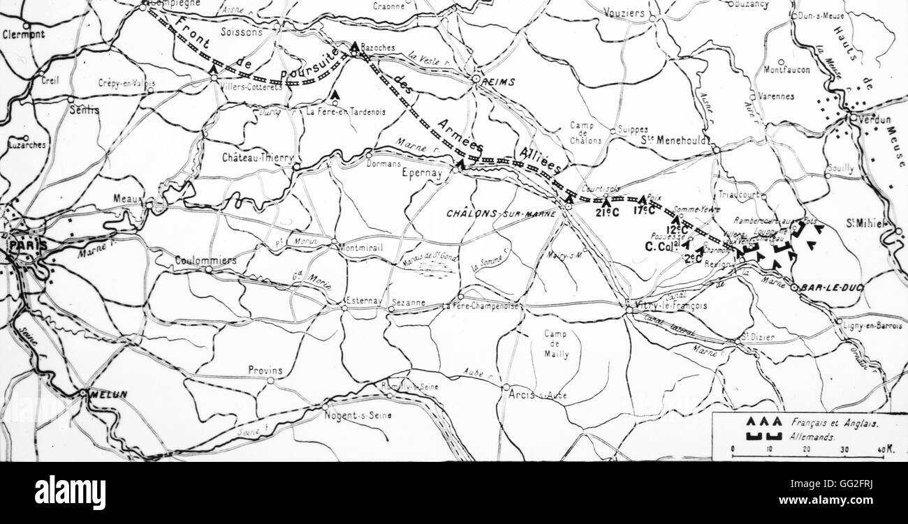 First World War. Map of the First Battle of the Marne: The French front ...