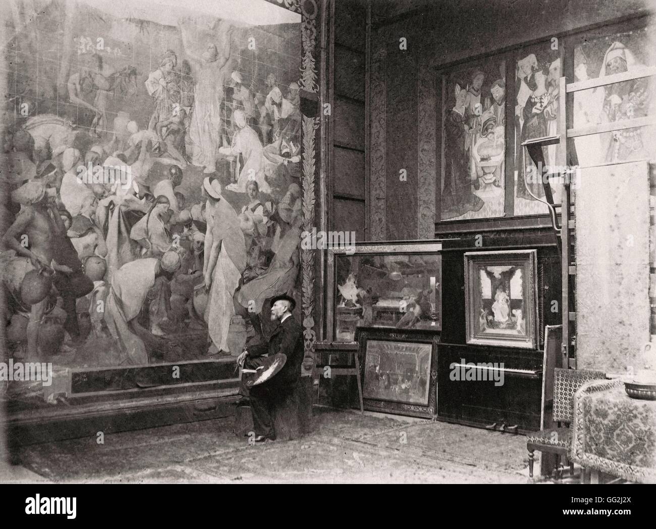 French decorative painter Pierre-Victor Galland in his Paris studio, c ...