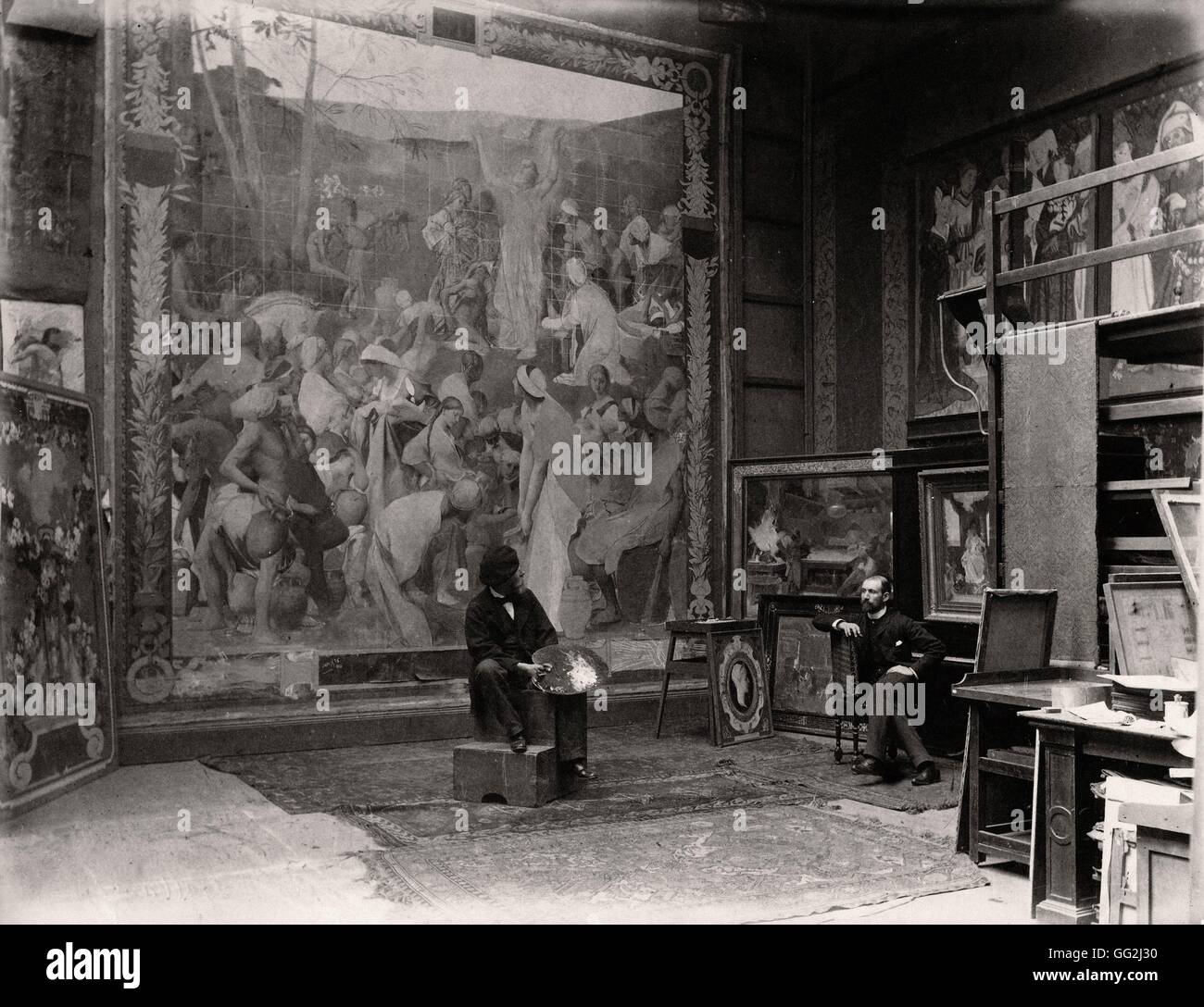 French decorative painter Pierre-Victor Galland in his Paris studio, c ...